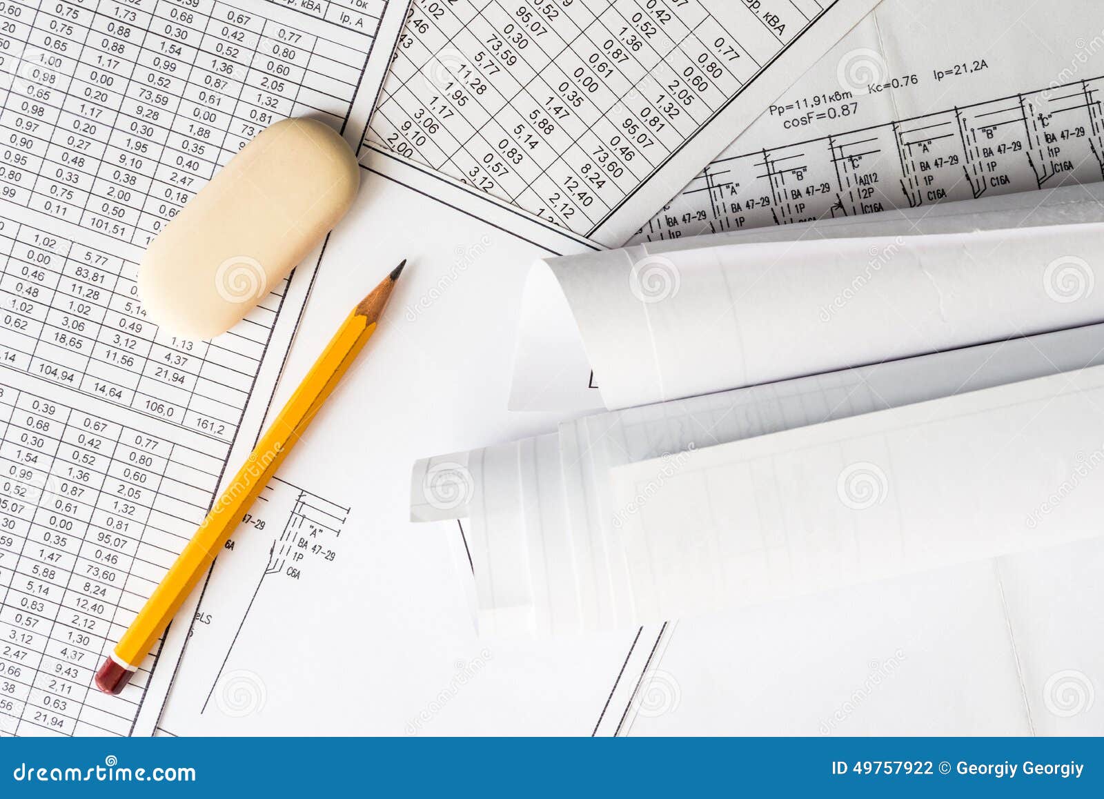 Rolls of Drawings with the Pencil and Eraser Stock Photo - Image of ...