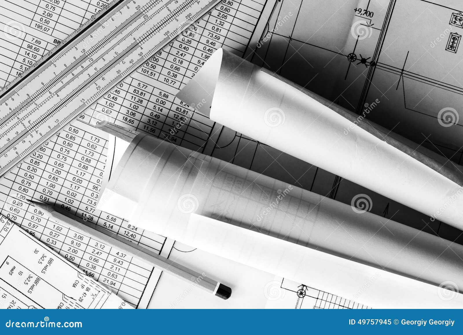 Rolls of Drawings with the Pencil and Slide Rule Stock Image - Image of ...