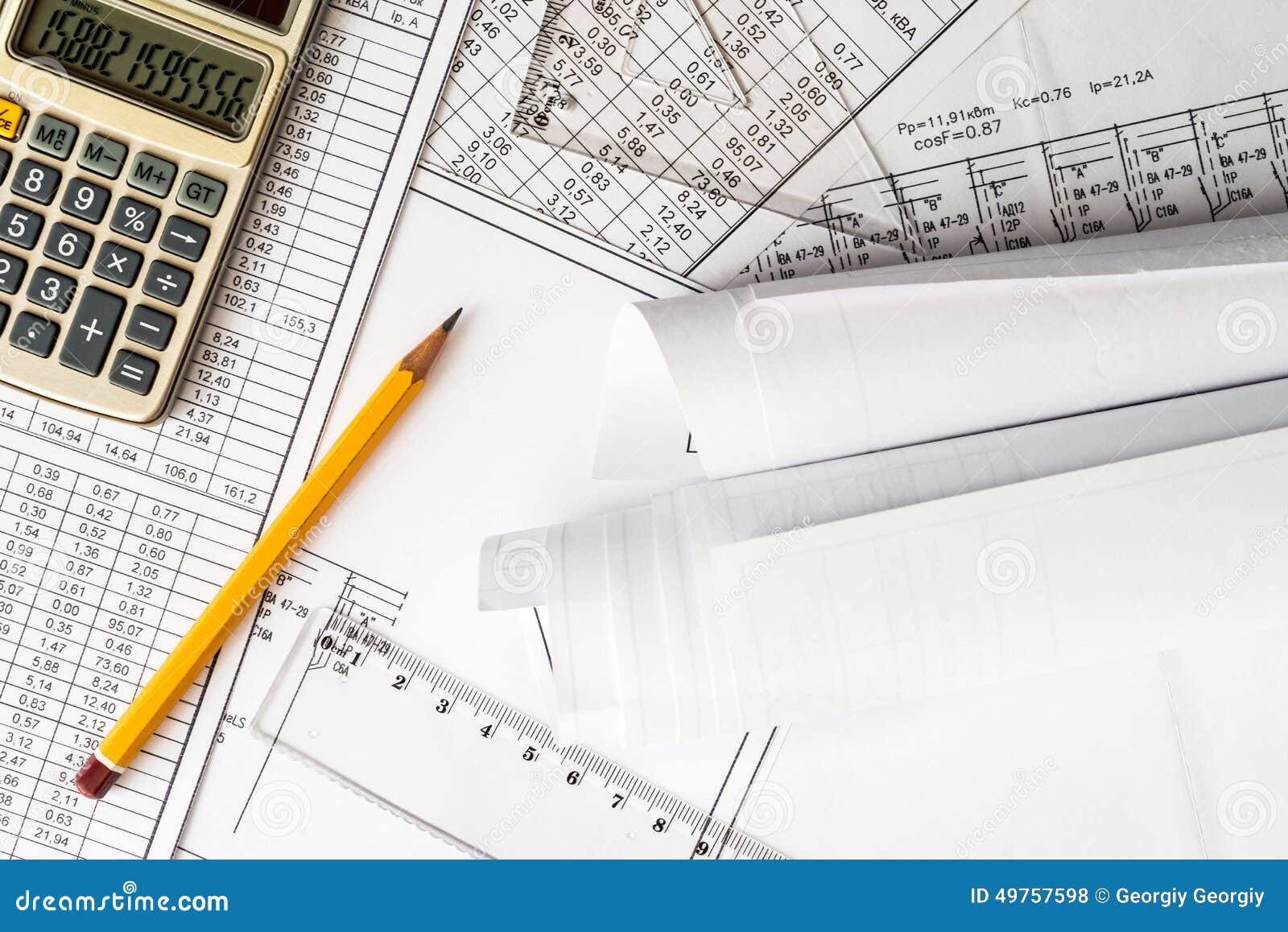 Rolls of Drawings and Tools for Sketching Stock Photo - Image of model ...