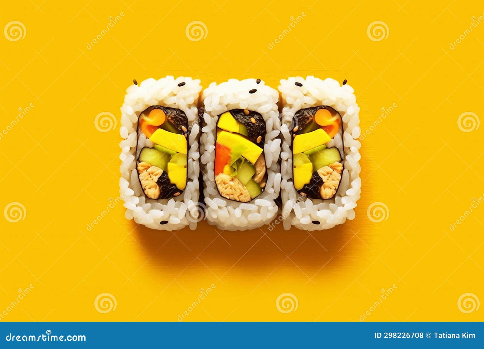 Rolls of Korean Kimbap on Yellow Background, Top View. Stock ...