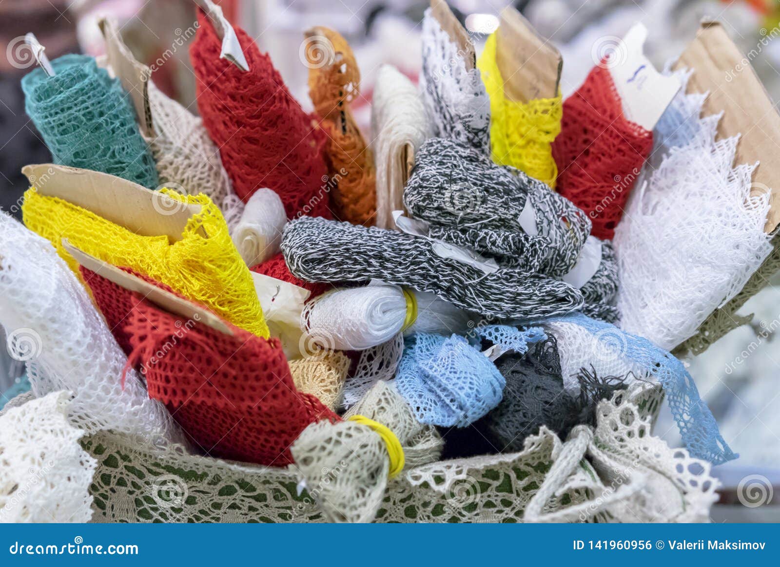 Rolls with Lace in Different Colors in the Basket Stock Photo - Image ...