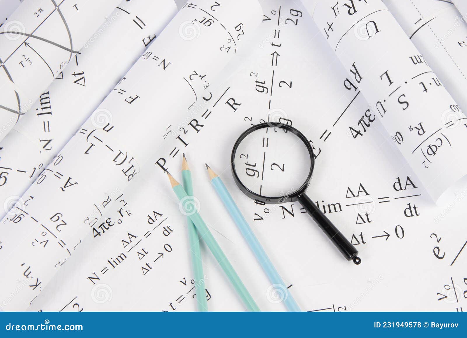 Rolls of Paper Drawings with Math Electrical Formulas, Magnifier and ...