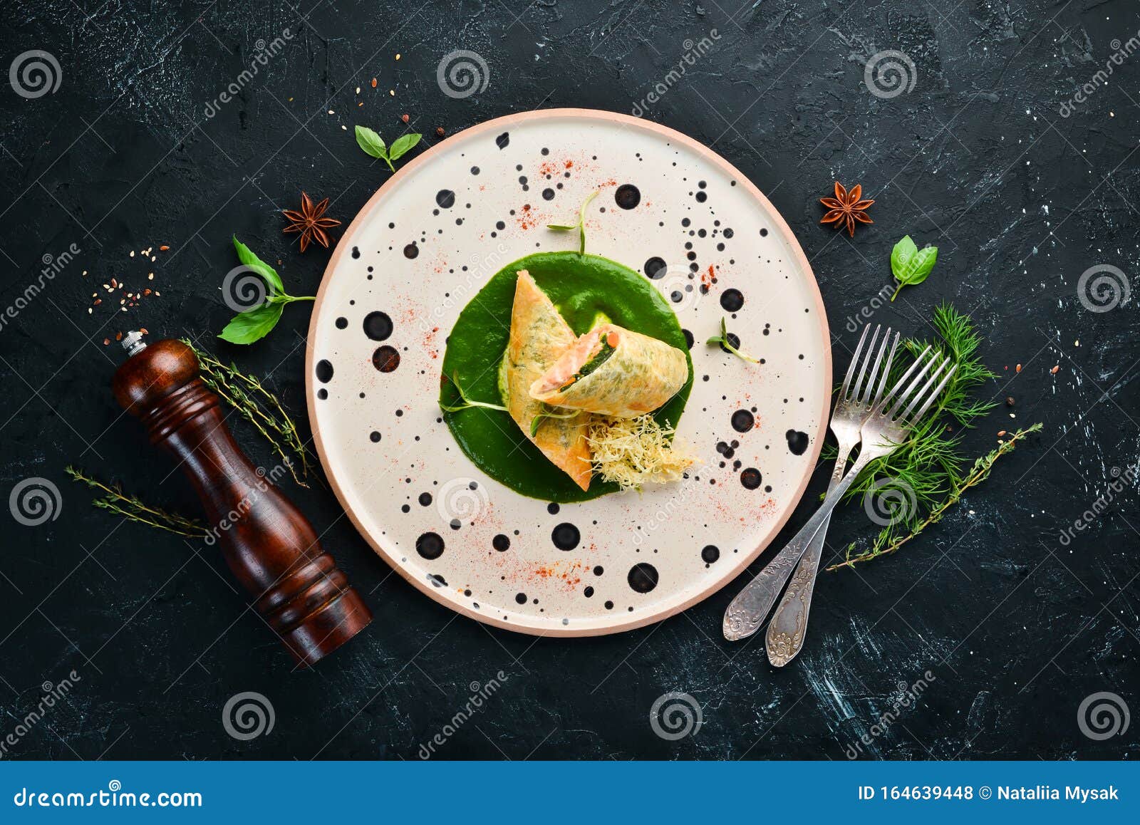 Rolls with Salmon and Spinach. Lavash. in the Plate. Top View Stock ...
