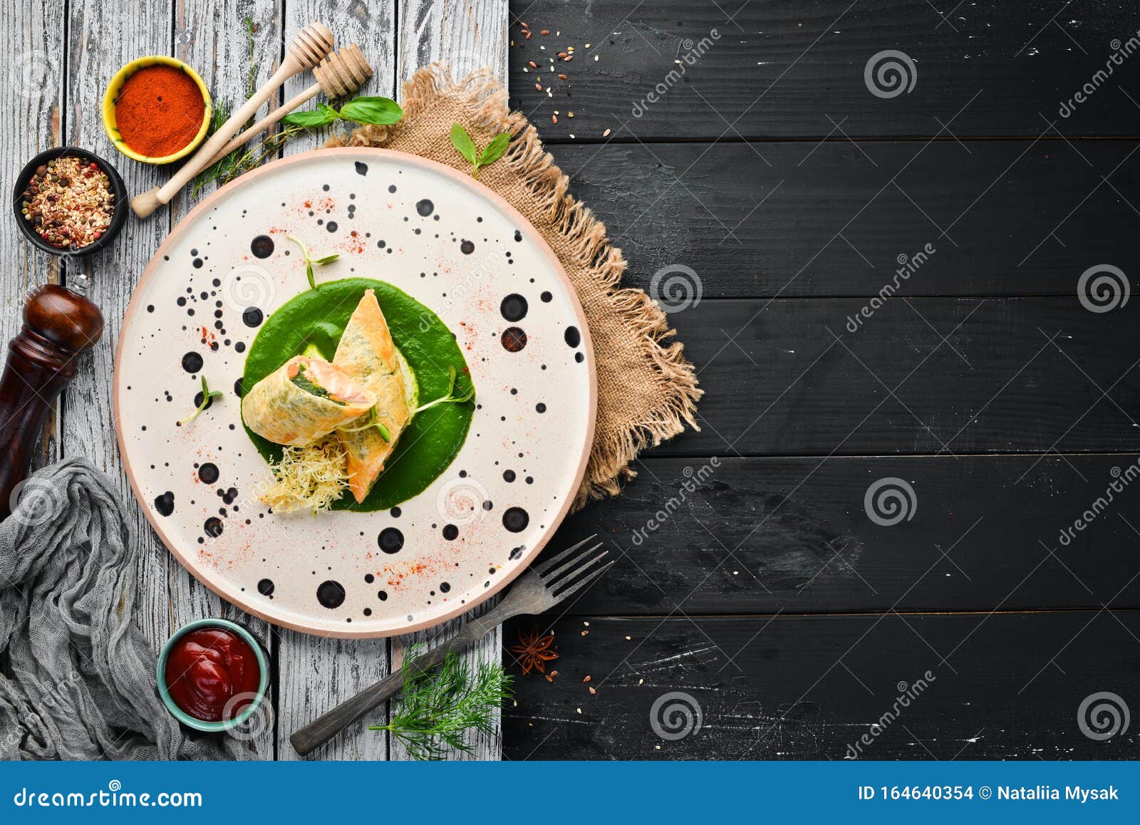 Rolls with Salmon and Spinach. Lavash. in the Plate. Top View Stock ...