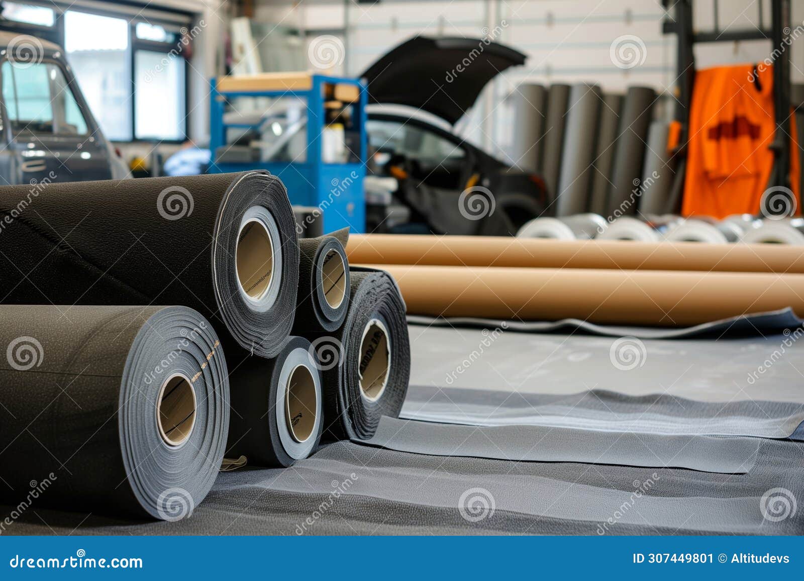 Rolls and Sheets of Soundproofing Materials Arrayed in a Car Workshop ...