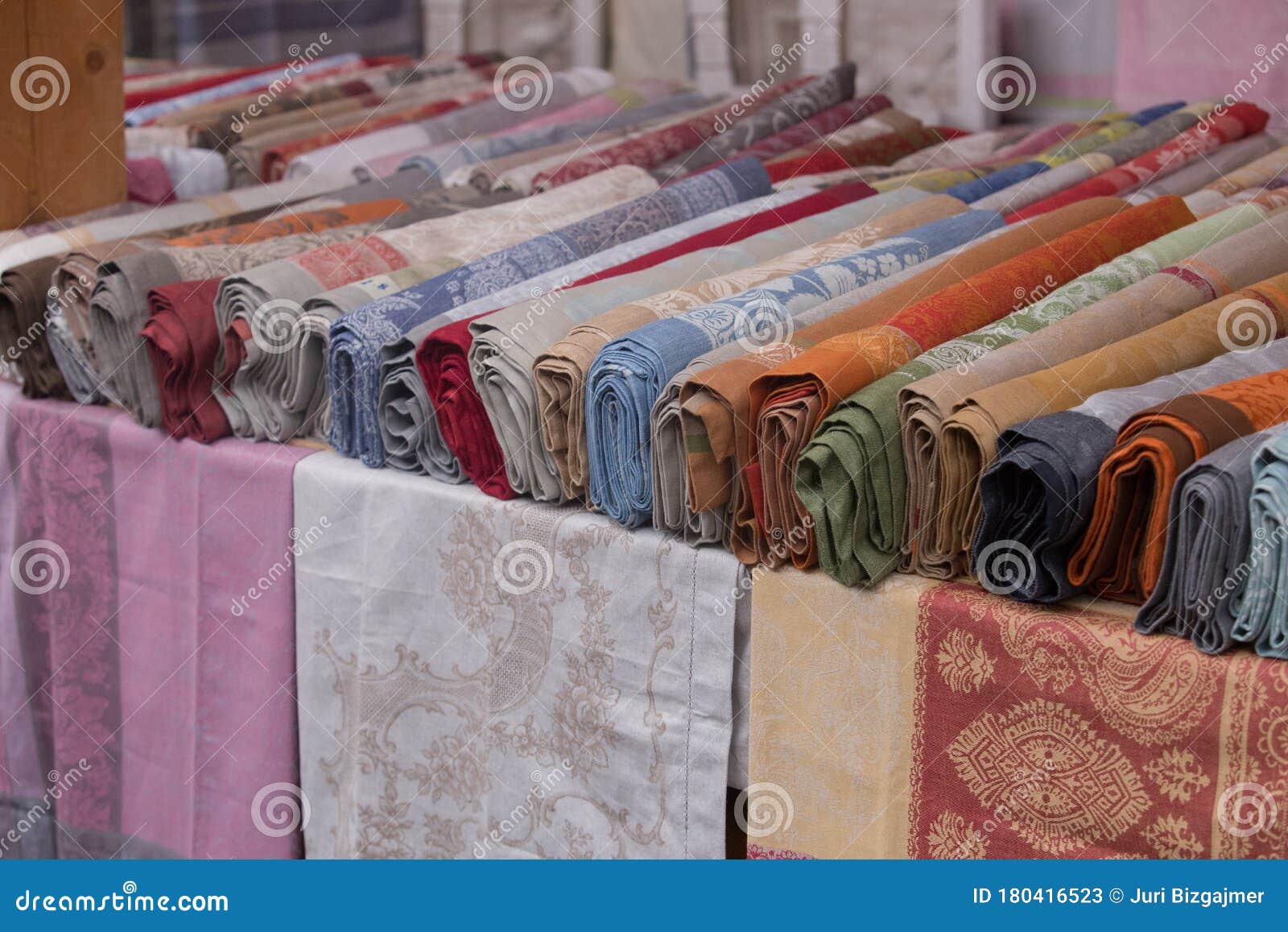 Rolls of Various Fabrics with Drawings Stock Image - Image of counter ...