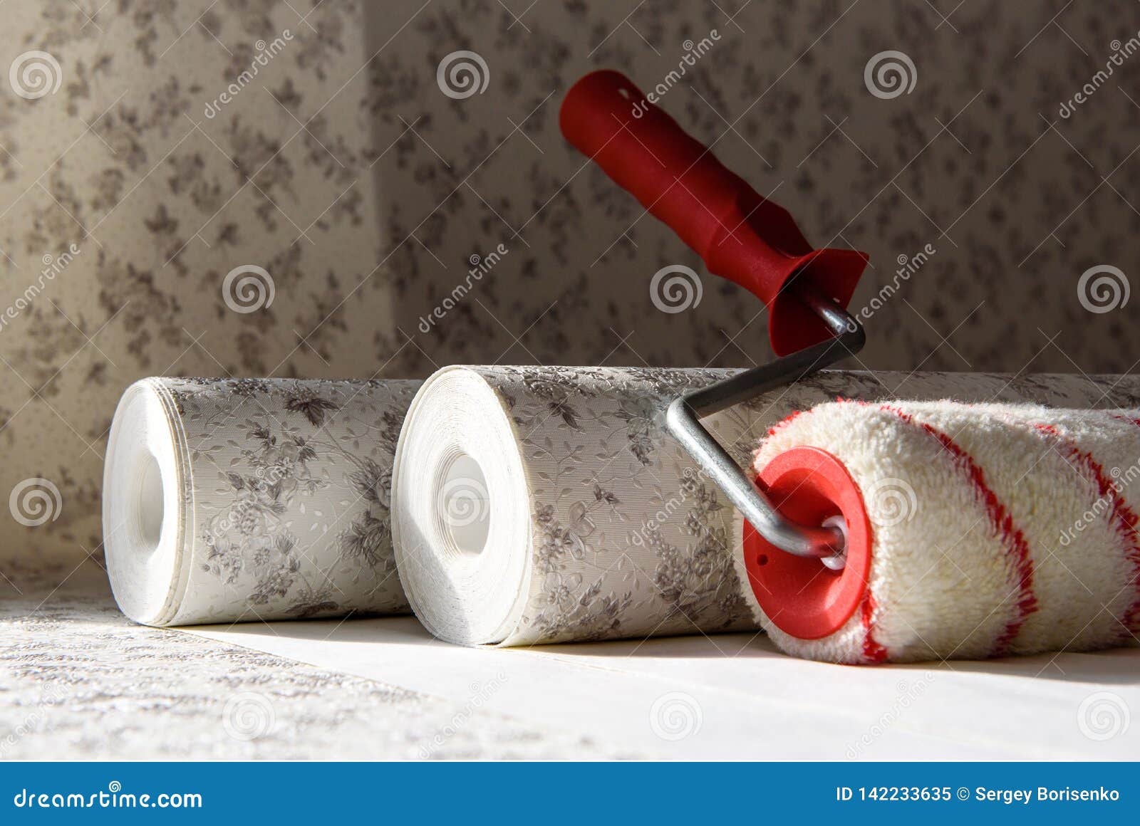 Rolls of Wallpaper and Roller. Stock Image - Image of work, house ...