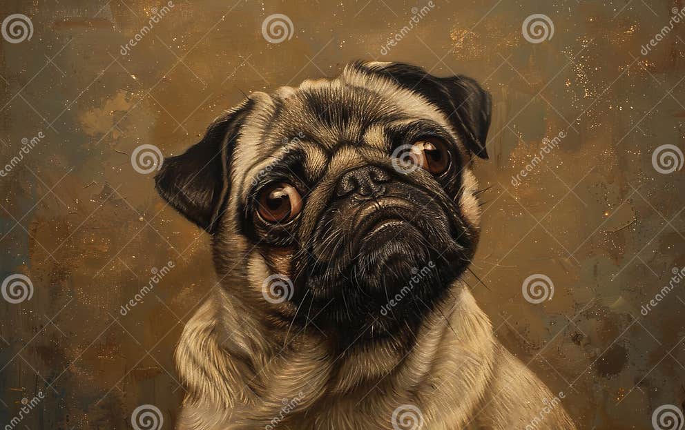A Rolypoly Pug Tilting Its Head Against a Backdrop of Warm Muted Gold ...