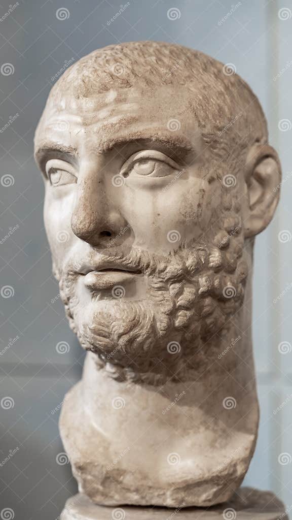 Close-up on Marble Head of Ancient Roman Statue Portraiting a Mature ...