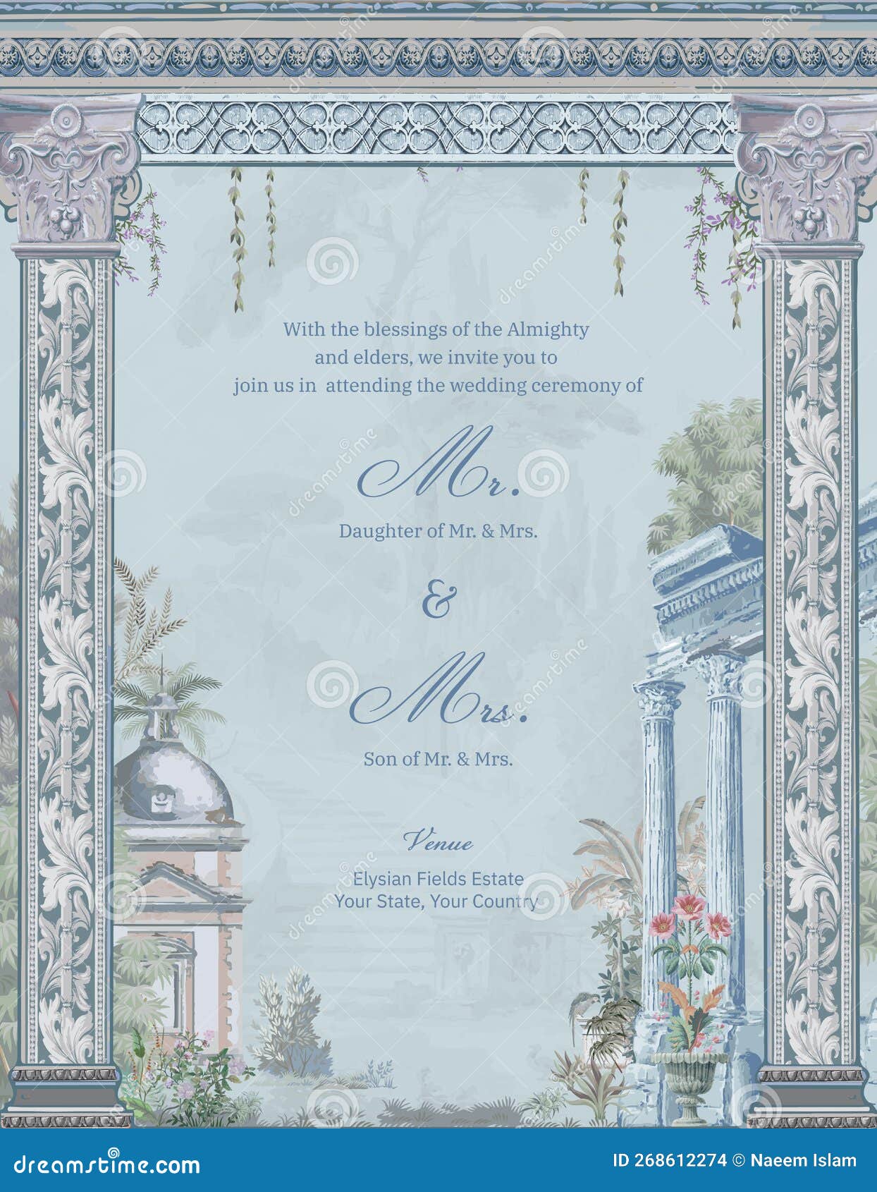 Roman Ancient Theme Wedding Invitation Card Design for Printing. Stock ...
