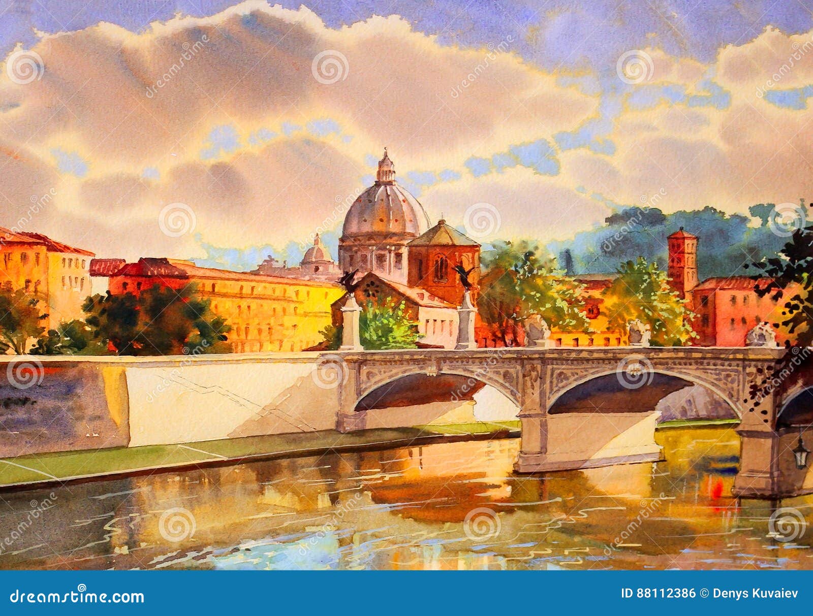 Roman Cityscape Painted by Watercolor. Stock Photo - Image of church ...