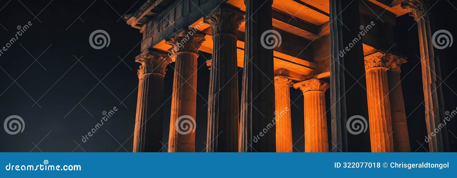 Roman Greek Columns with Orange Lighting on Plain Black Background ...