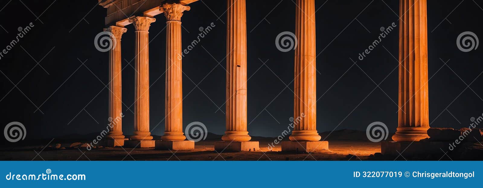 Roman Greek Columns with Orange Lighting on Plain Black Background ...