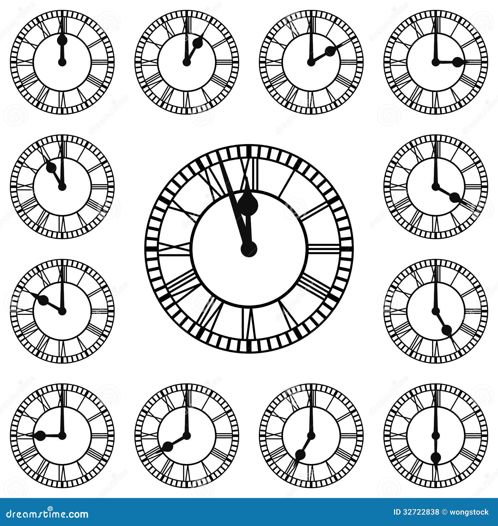 Roman Numeral Clocks Showing Every Hour Stock Vector Illustration Of