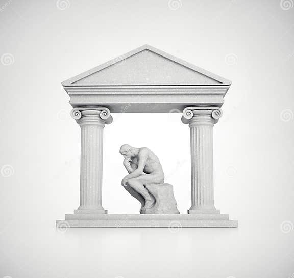Roman Structure with the Statue of a Thinker on White Background Stock ...