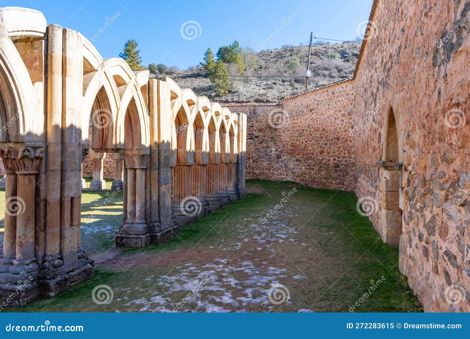 Romanesque Monastery Courtyard with Stone Arches Stock Image - Image of ...