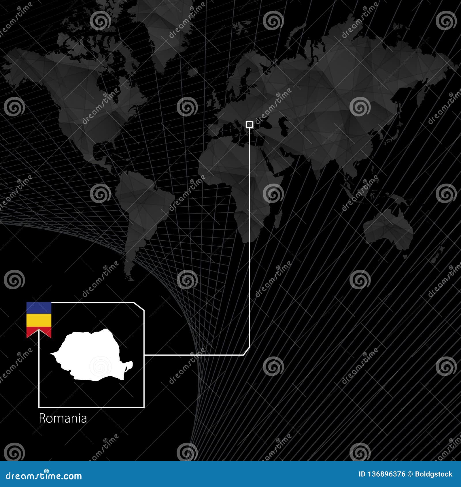 Romania on Black World Map. Map and Flag of Romania Stock Vector ...