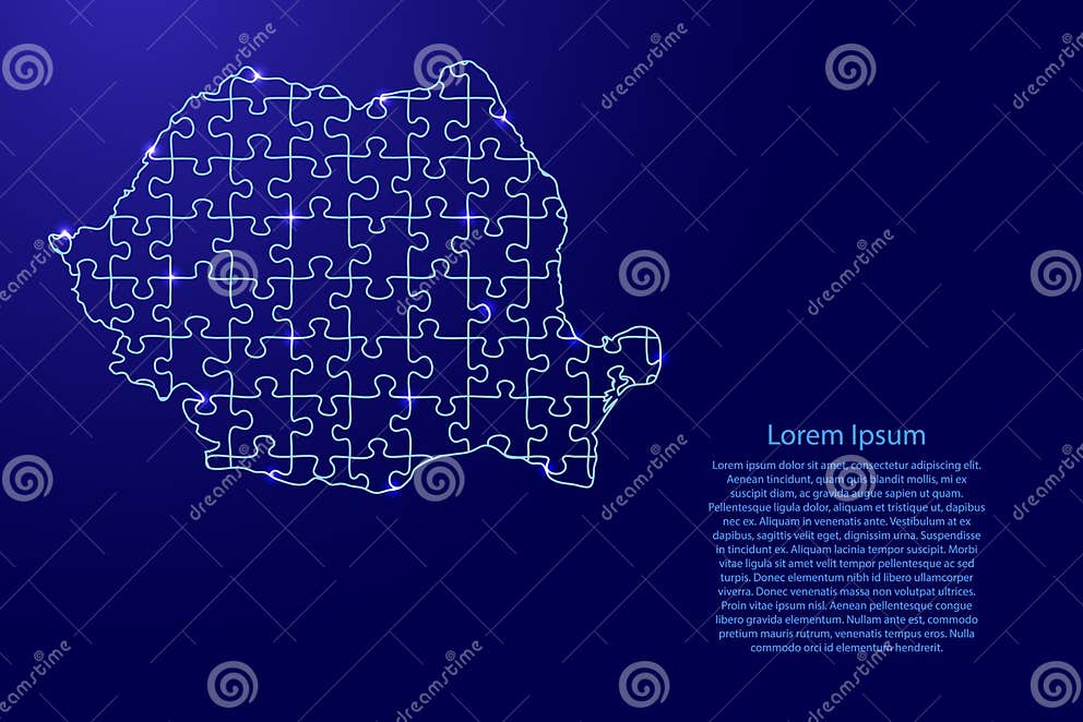 Romania Map from Blue Pattern Composed Puzzles and Glowing Space Stars ...