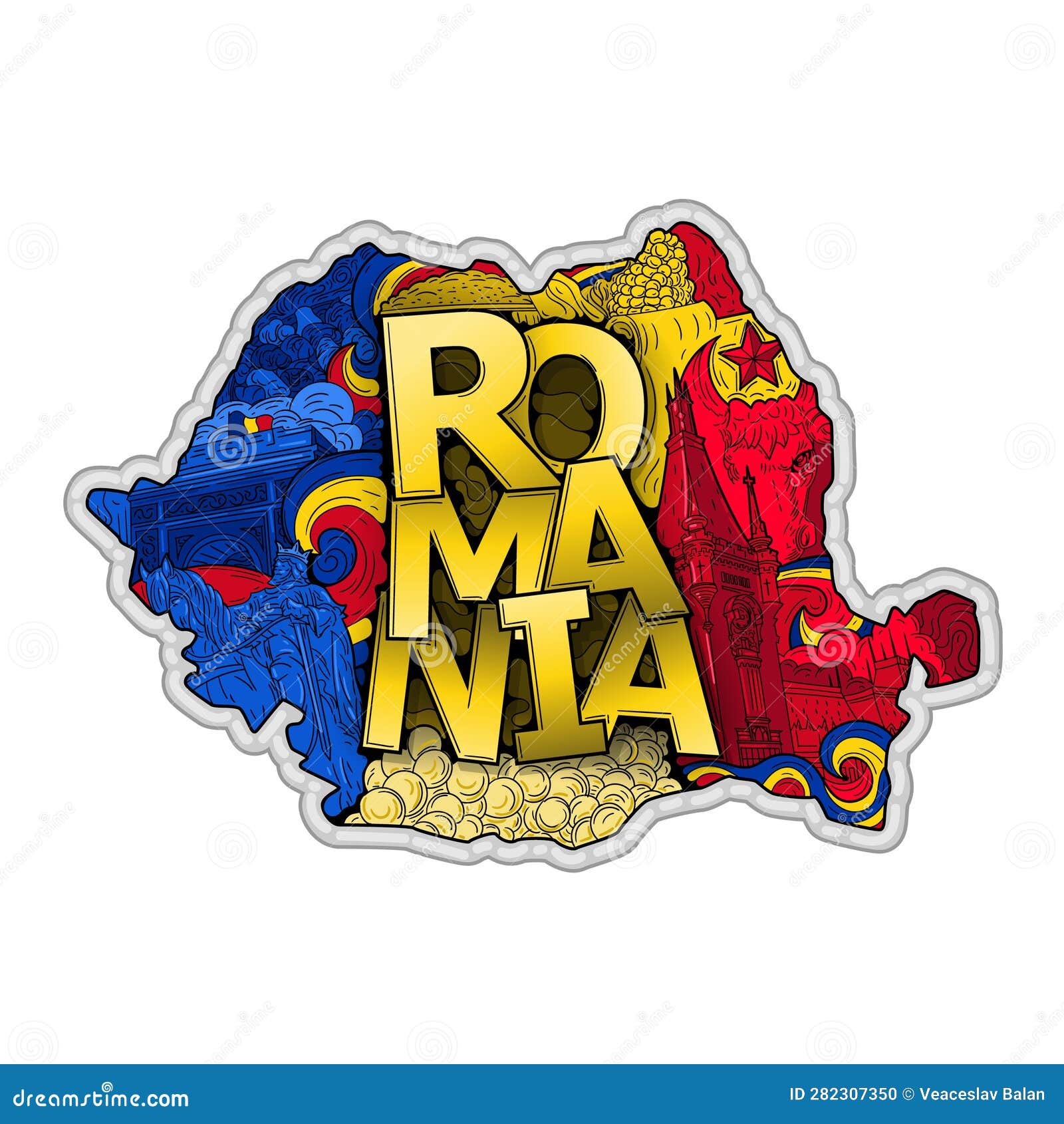 Romania Map in Hand Drawn Doodle Style with Main National Values. Stock ...