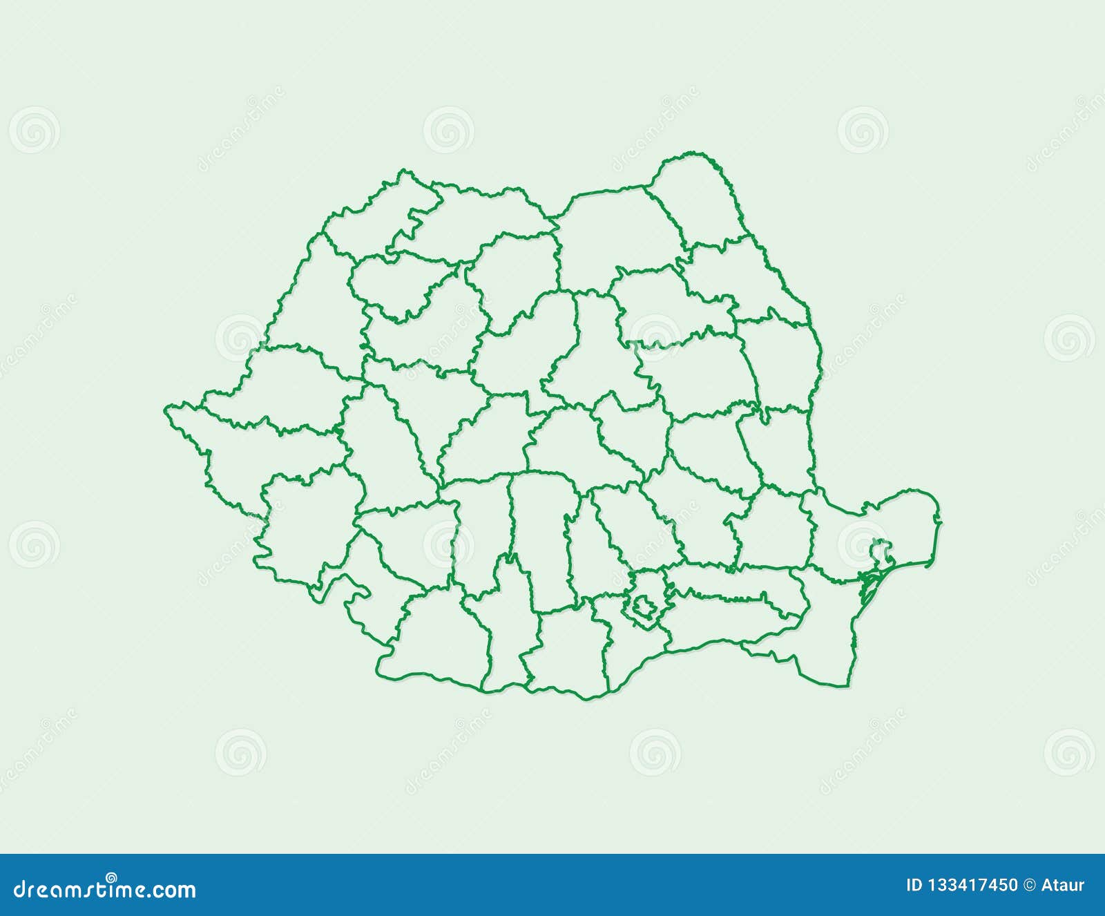 Romania Map Vector with Green Border Line of Divisions on Light ...
