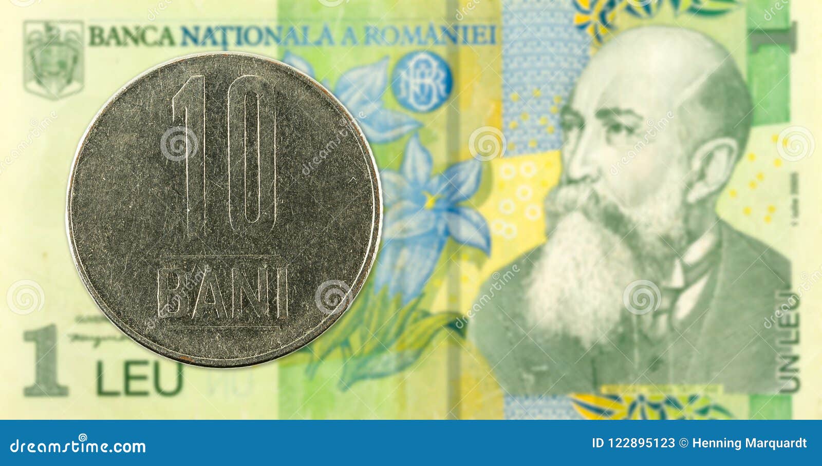 10 Romanian Bani Coin Against 1 Romanian Leu Bank Note Stock Image ...