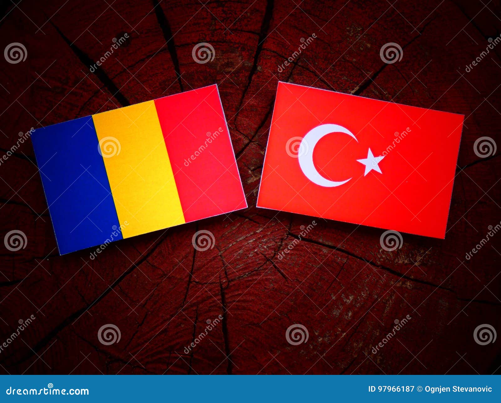 Romanian Flag with Turkish Flag on a Tree Stump Isolated Stock ...