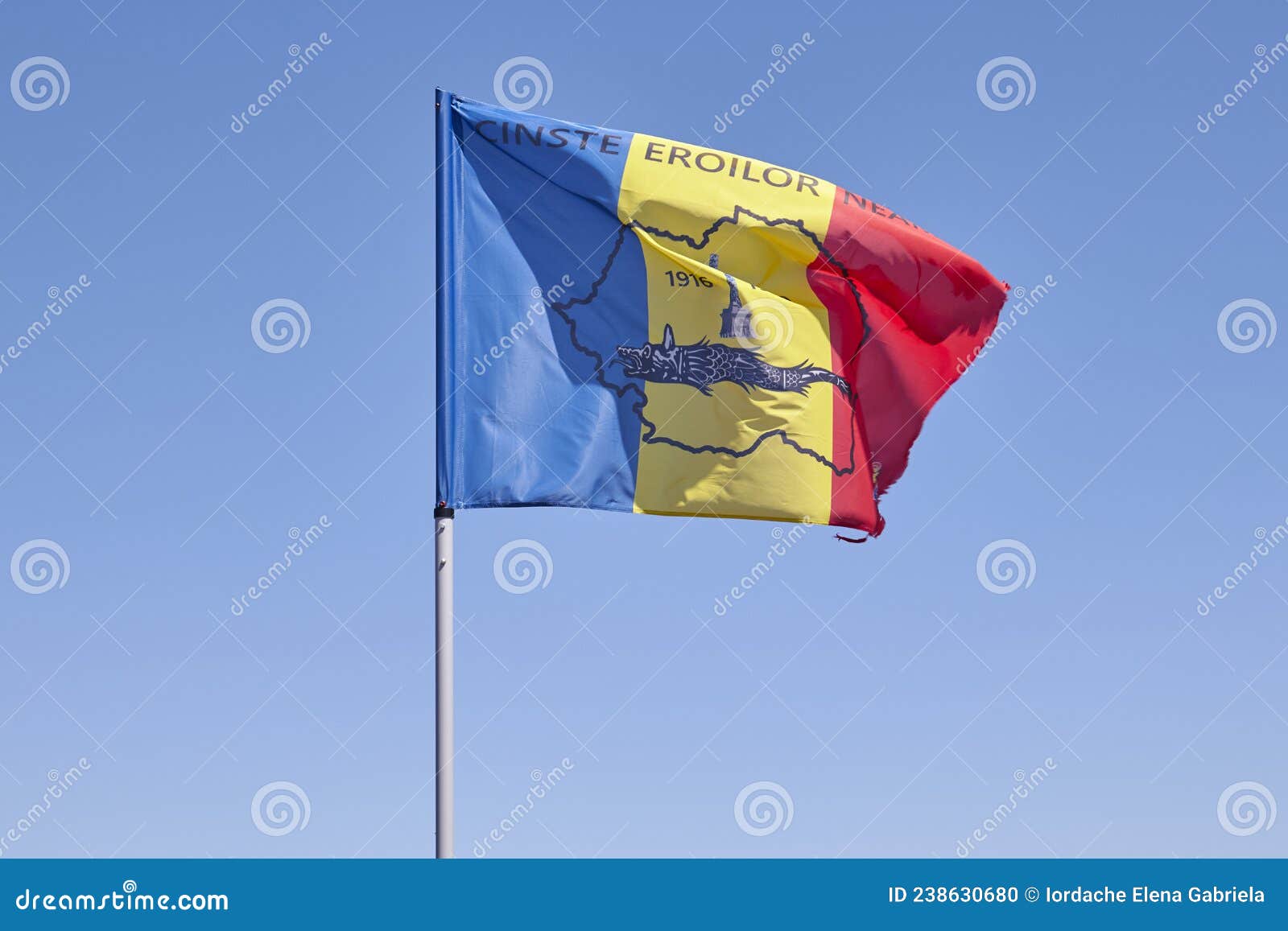 Romanian flag in the wind stock photo. Image of peak - 238630680