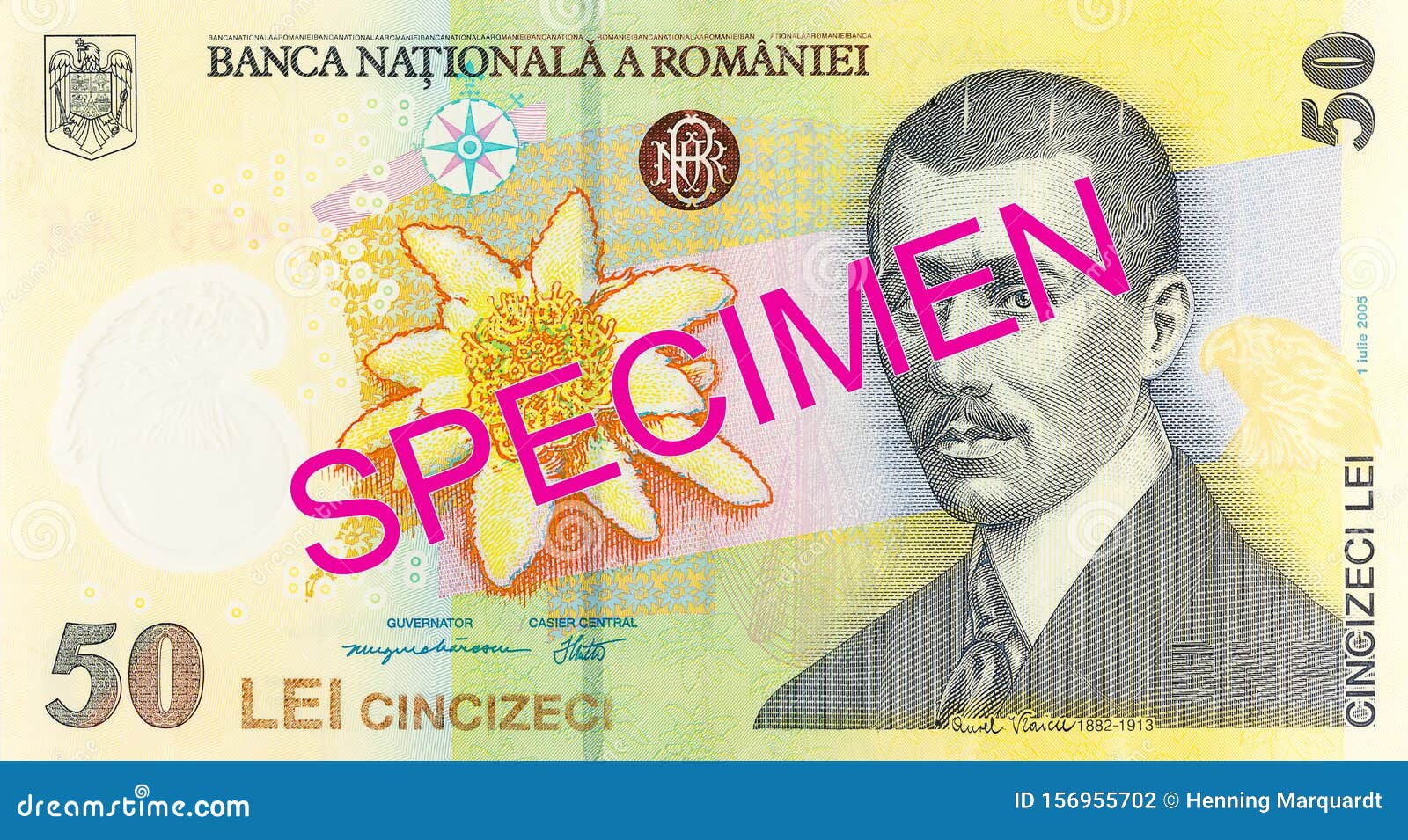 50 Romanian Leu Banknote Obverse Specimen Stock Photo - Image of close ...