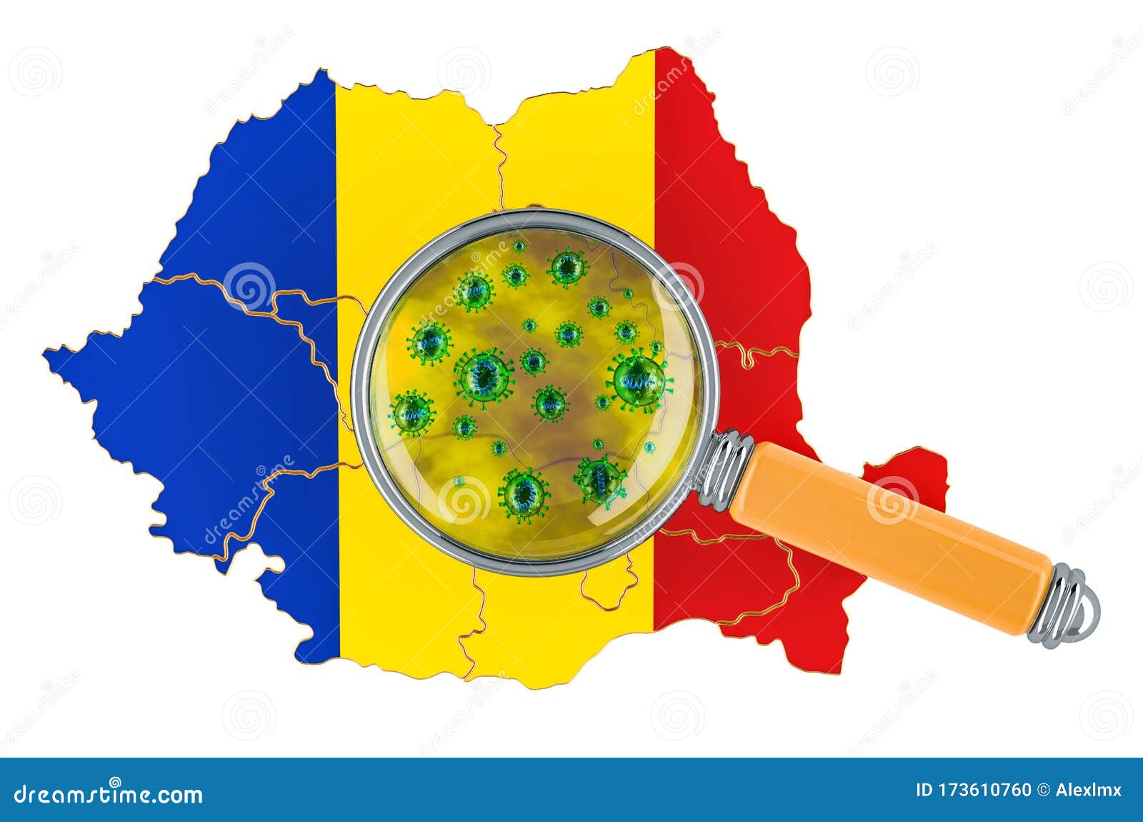 Romanian Map with Coronavirus Under Magnifier, 3D Rendering Stock ...
