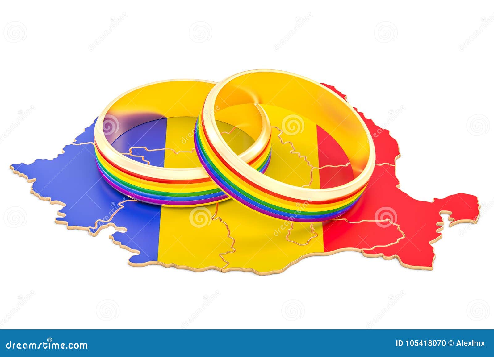 Romanian Map with LGBT Rainbow Rings, 3D Rendering Stock Illustration ...