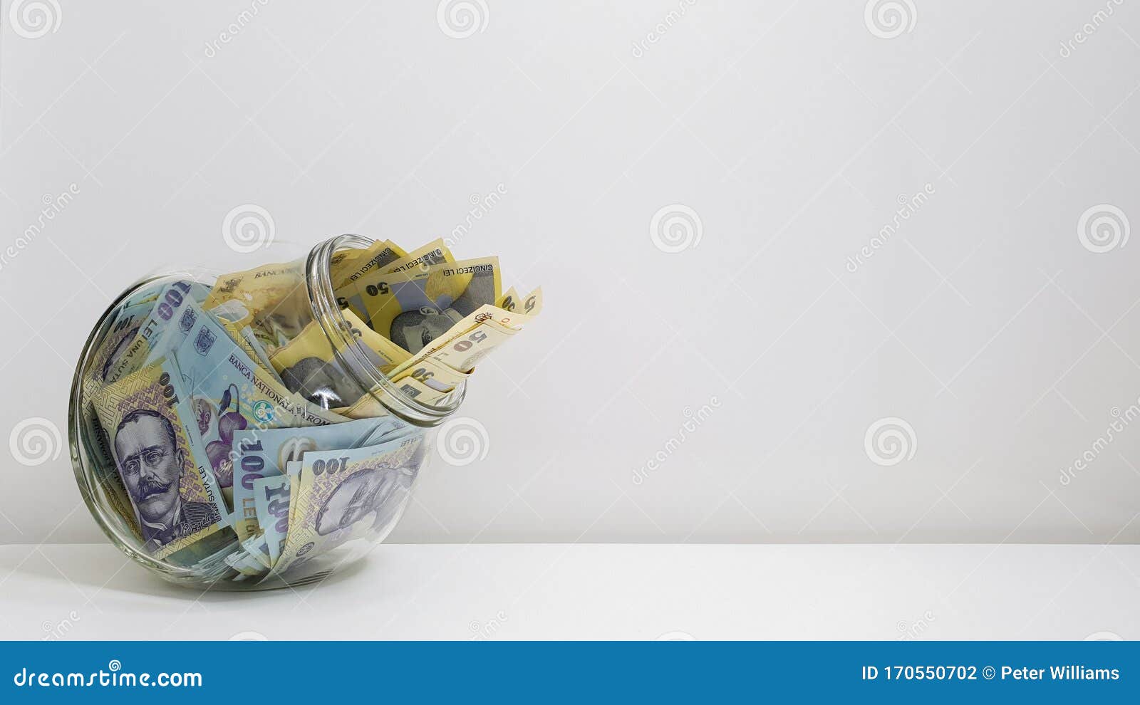 Romanian RON Bank Note Jar stock photo. Image of bill - 170550702