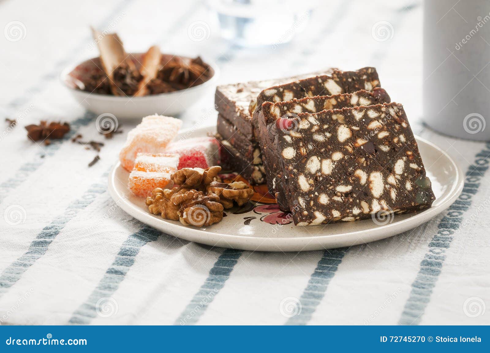 Romanian Salami Cake with Cocoa, Turkish Delight and Walnuts Stock ...