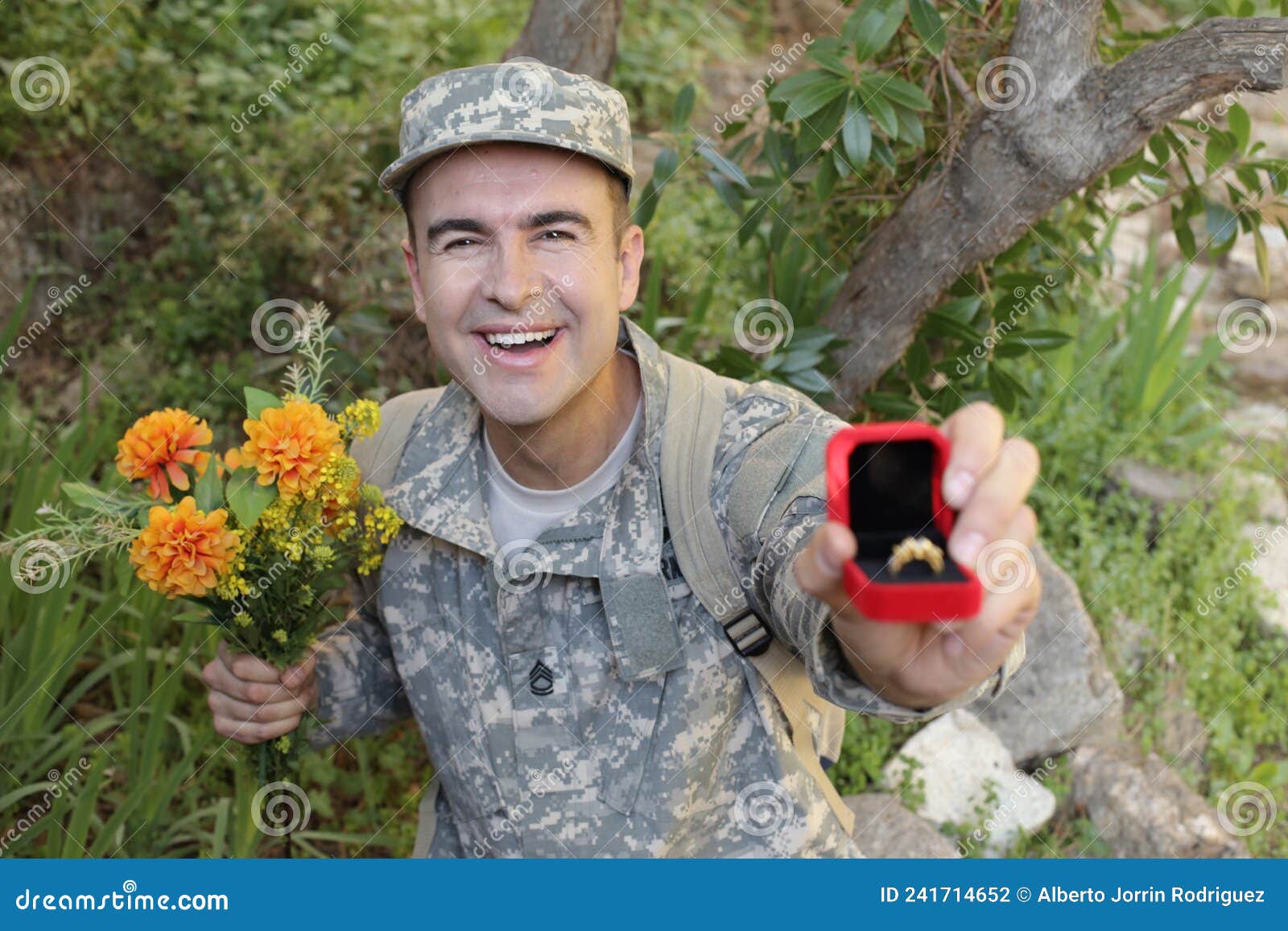 Romantic Army Soldier Proposing with Flowers Stock Photo - Image of ...
