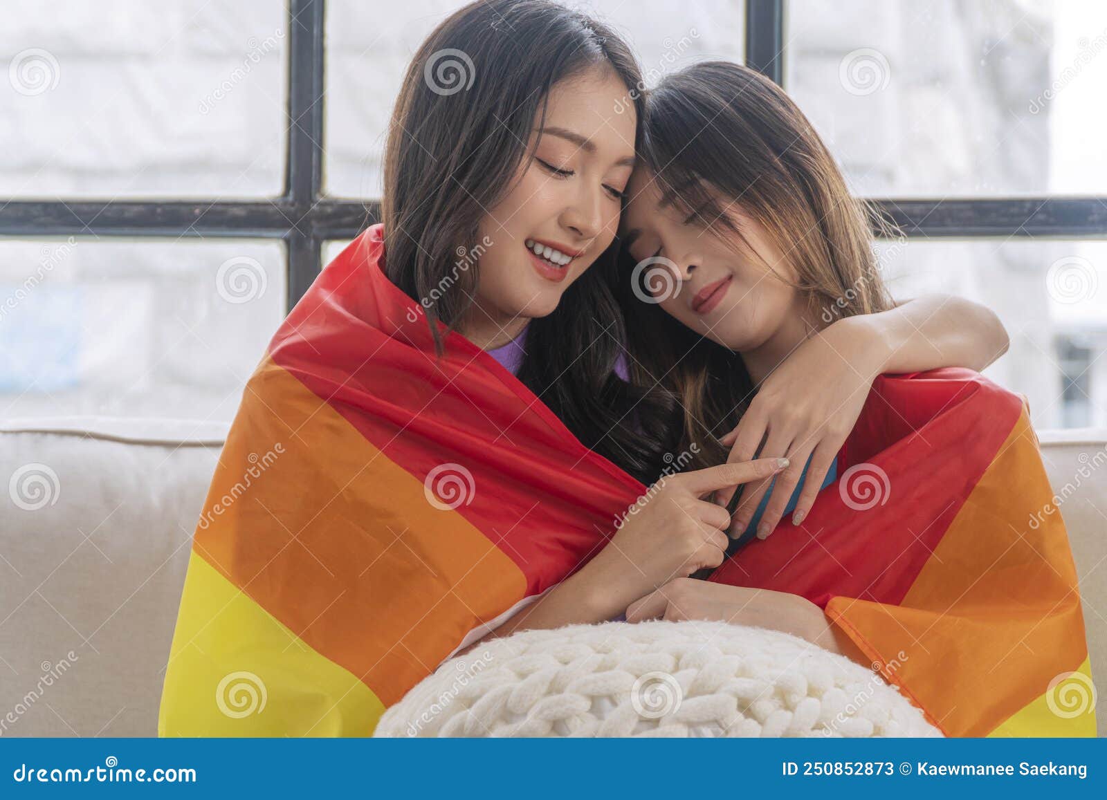 Romantic Asian Couple Woman Hugging Each Other Together With Rainbow