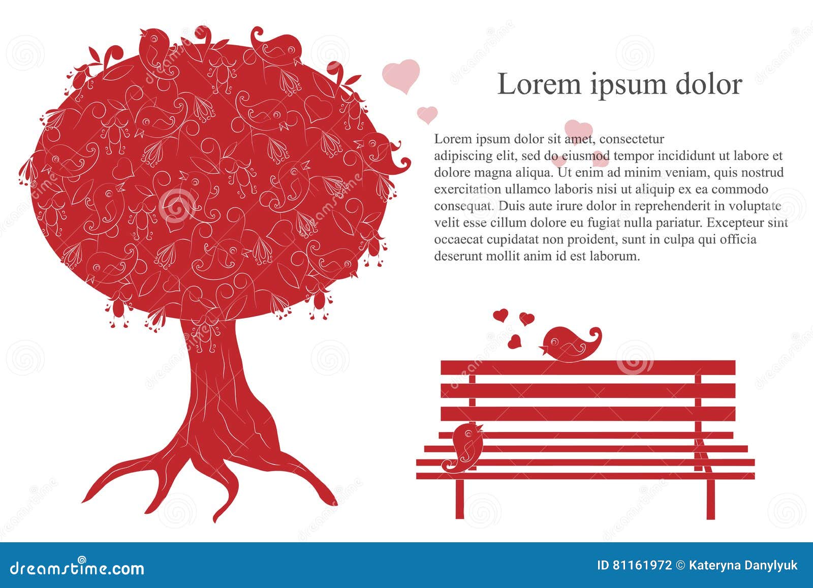 Romantic Background with Blooming Tree, Loving Birds, Bench, Lorem ...