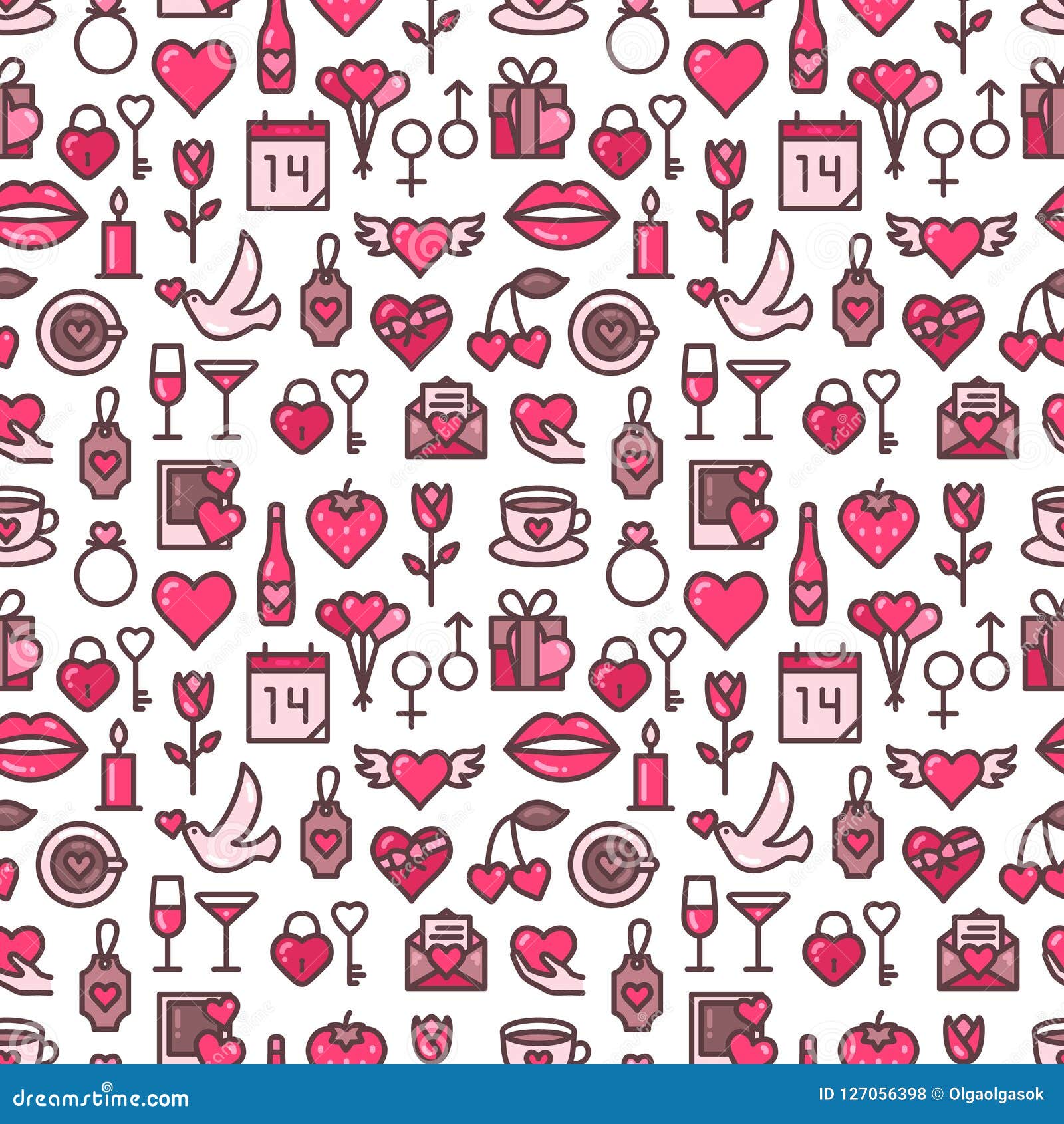 Romantic Background and Seamless Pattern with Linear Icons Stock Vector ...