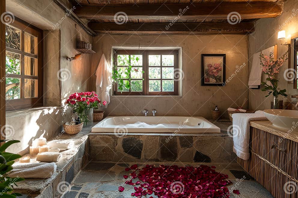 Romantic Bathroom Interior with Sun Shining through Windows Stock Image - Image of vase ...