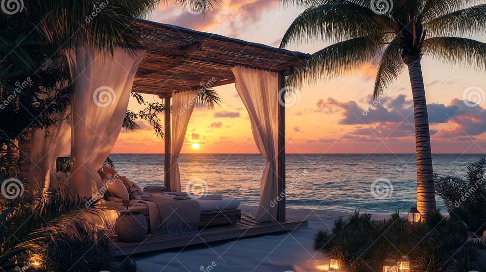 Romantic Beach Bed Canopy with Ocean Sunset View Stock Illustration - Illustration of leaves ...