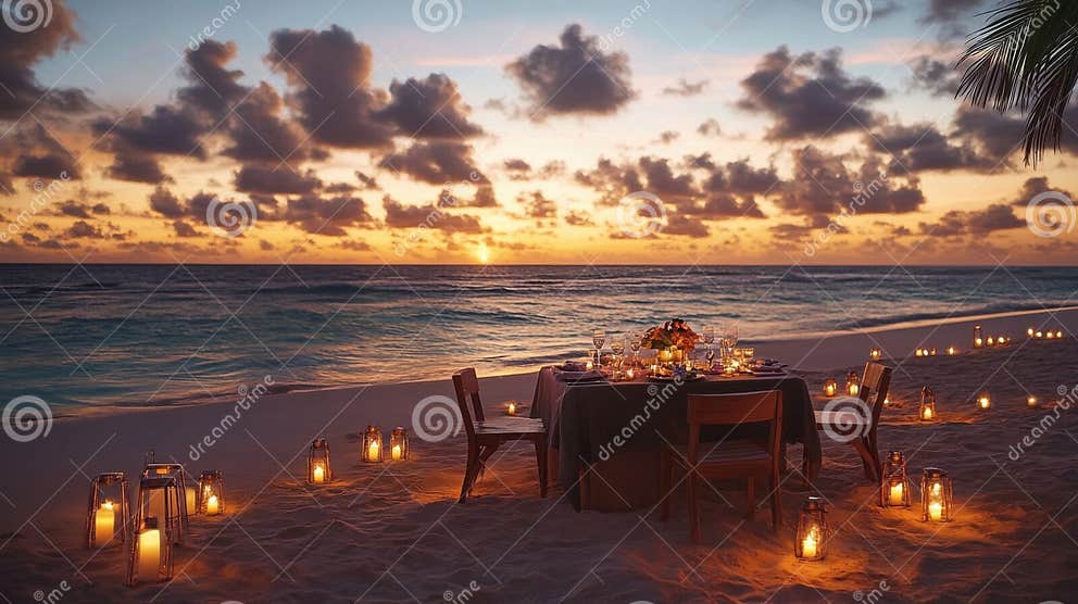 Romantic Beach Dinner with Sunset and Lanterns Stock Illustration ...