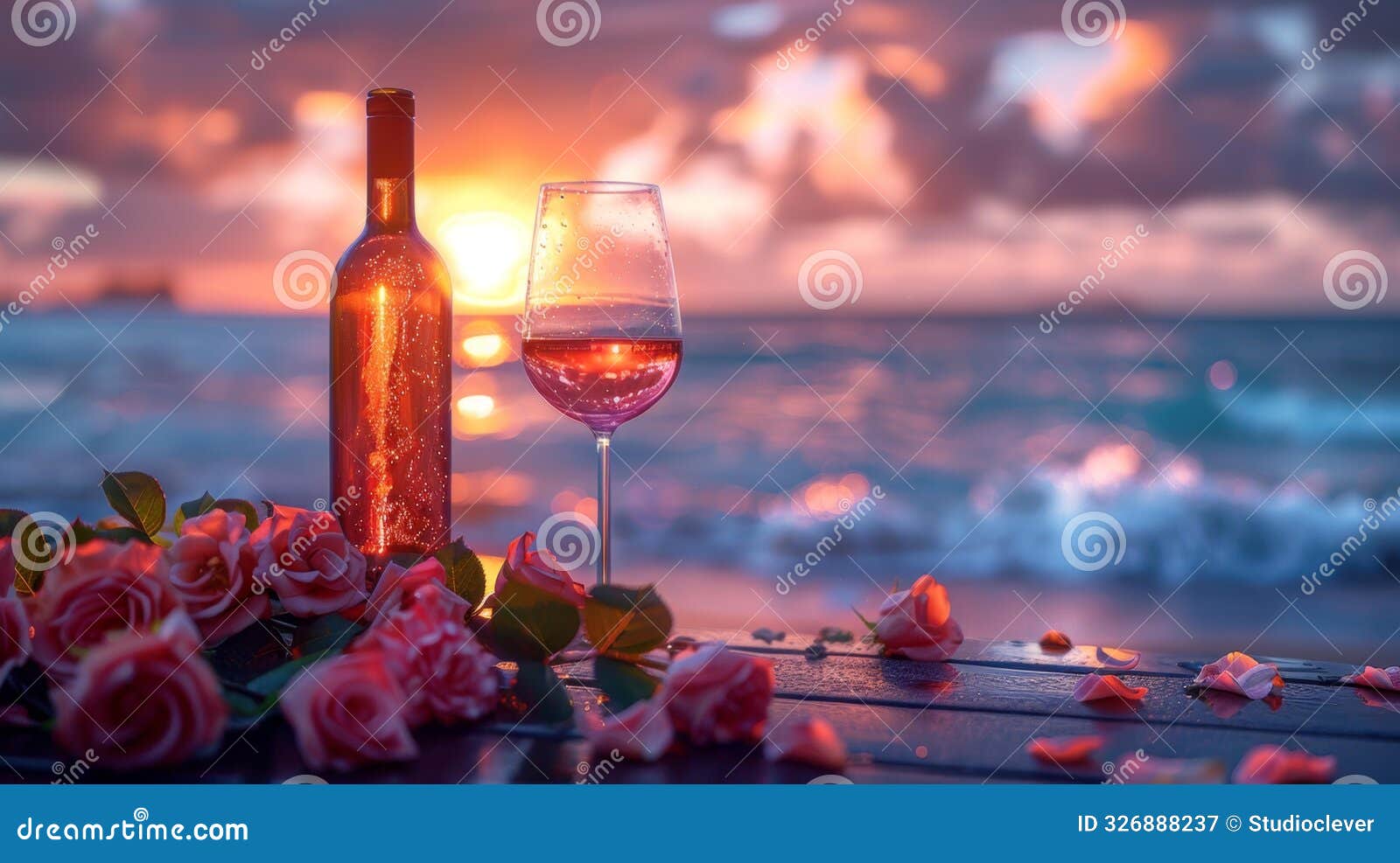Romantic Beach Scene with Wine and Roses - Generative Ai Stock ...