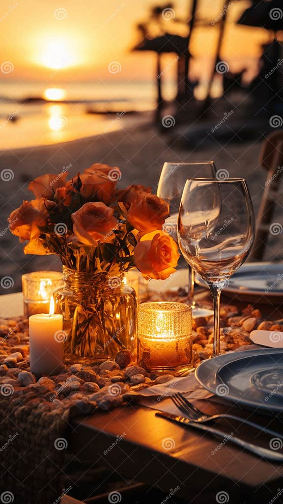 Romantic Beachside Dining Wedding Setup Sunset Stock Illustration ...