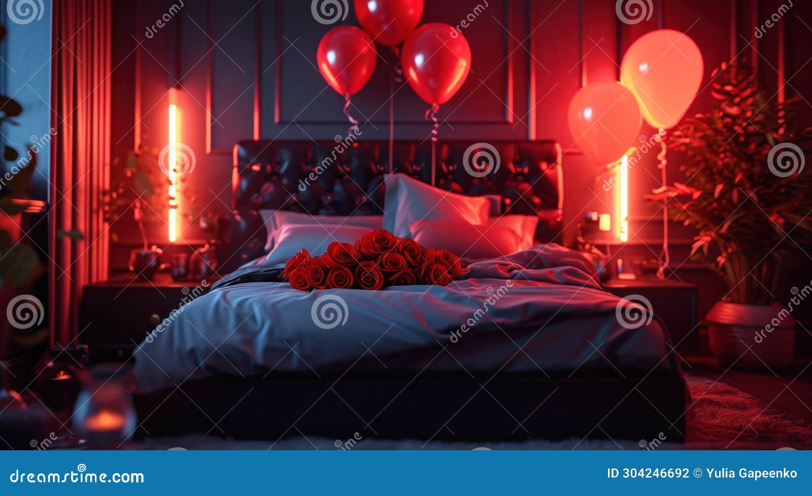 Romantic Bedroom Design with Balloons and Roses Stock Illustration ...