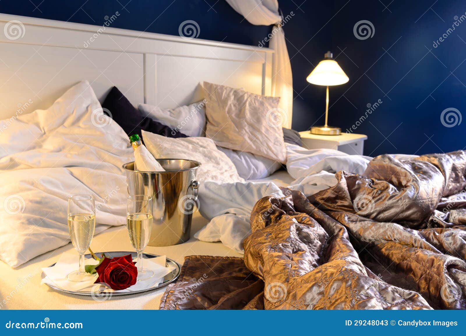Romantic Bedroom Rumpled Covers Hotel Champagne Bucket Stock Image ...