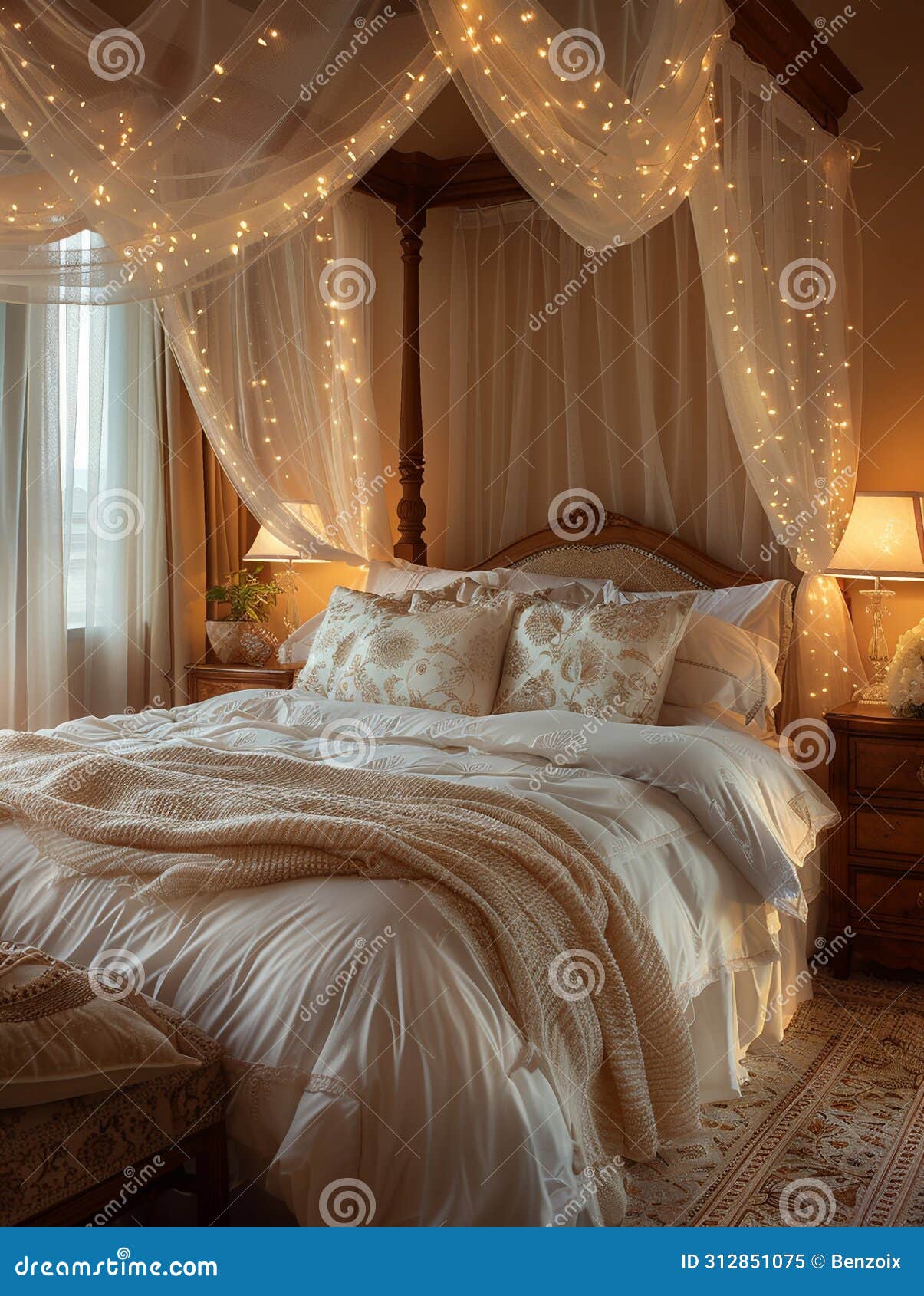 Romantic Bedroom with Soft Lighting Sheer Curtains Stock Image - Image ...