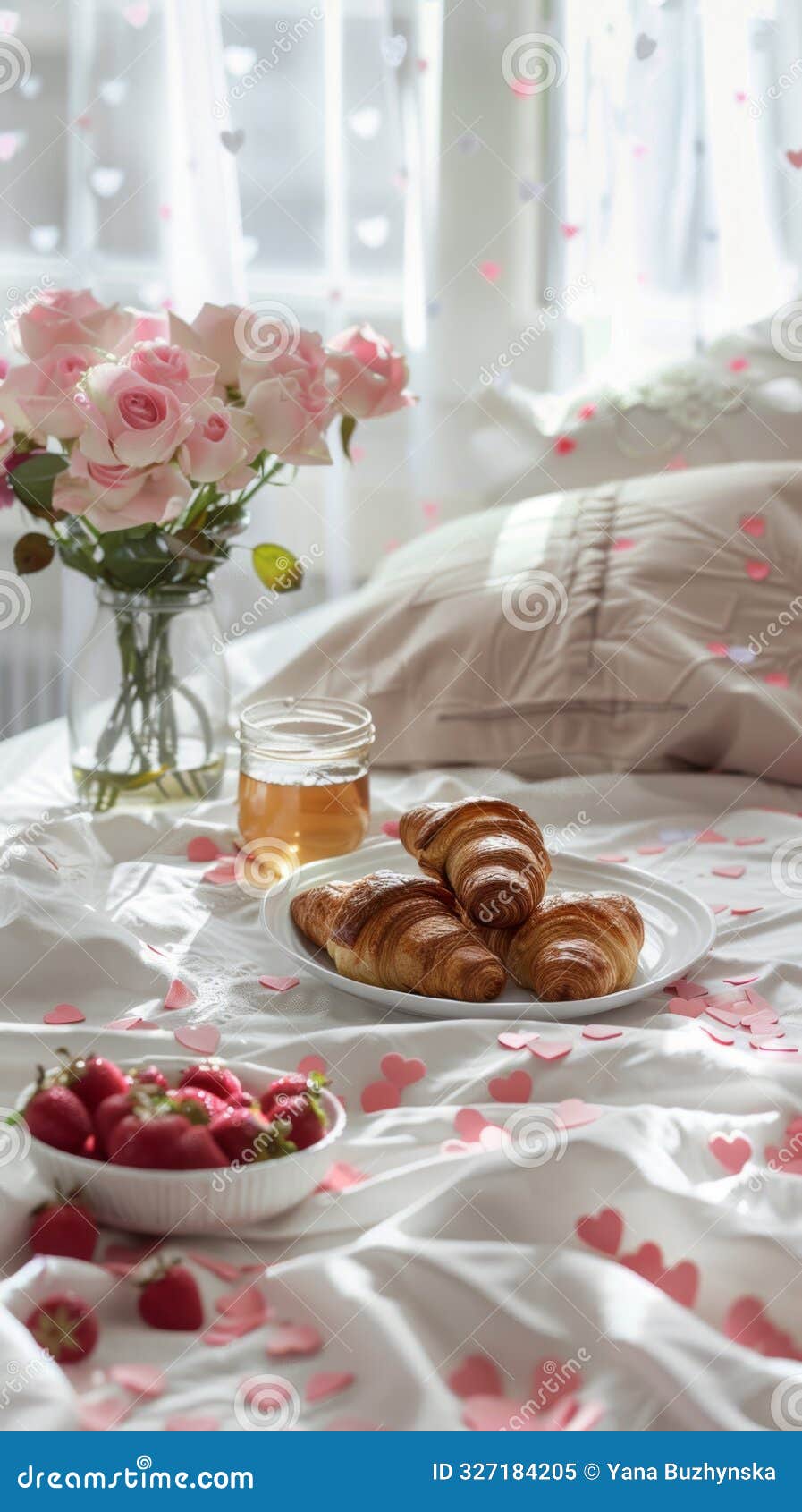 Romantic Breakfast in Bed, Fragrant Roses, Fresh Croissants and Honey ...