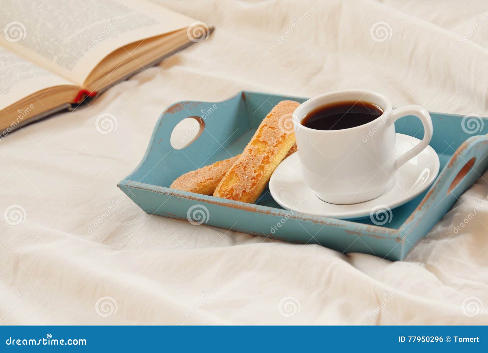 Romantic Breakfast in the Bed: Hot Coffee and Open Book Stock Photo ...