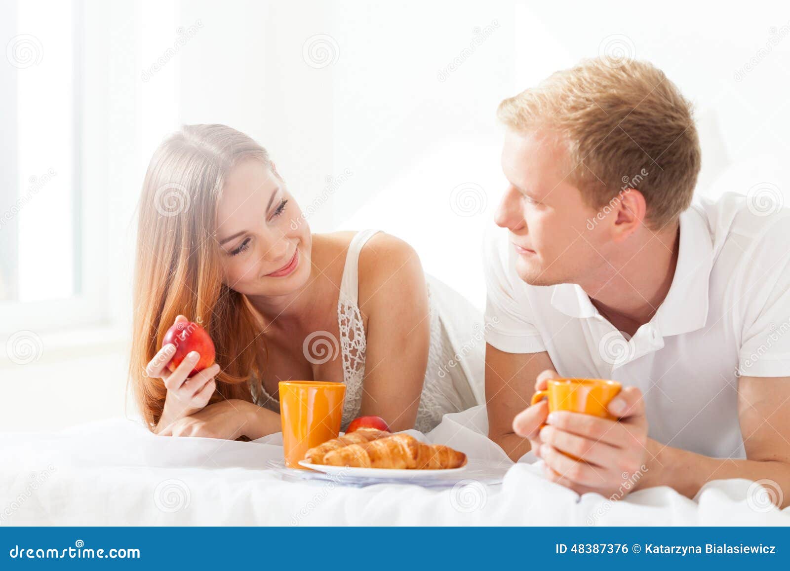 Romantic Breakfast In Bed On Valentine Day. Man Made Surprise Lying In ...