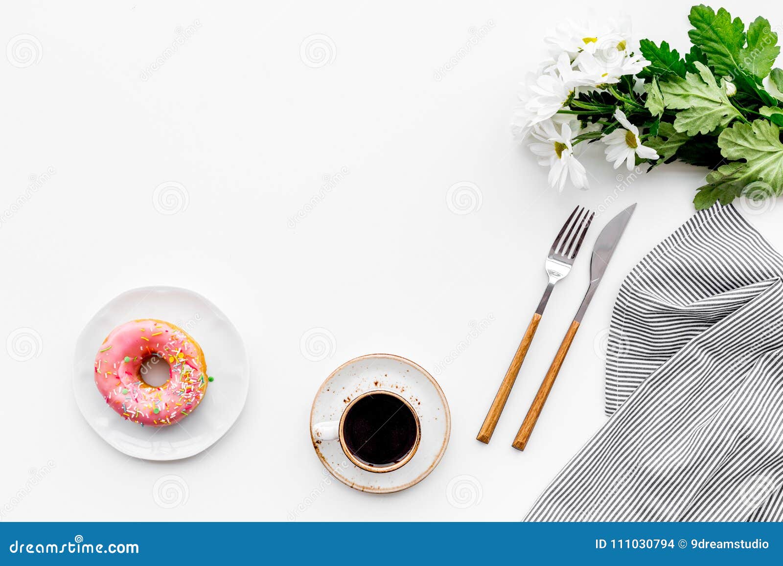 Romantic Breakfast with Flowers on the Table. Coffee with Dessert on ...