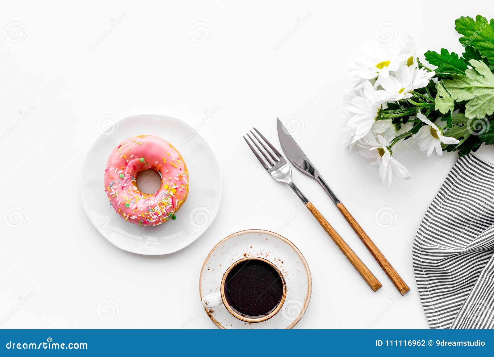 Romantic Breakfast with Flowers on the Table. Coffee with Dessert on ...