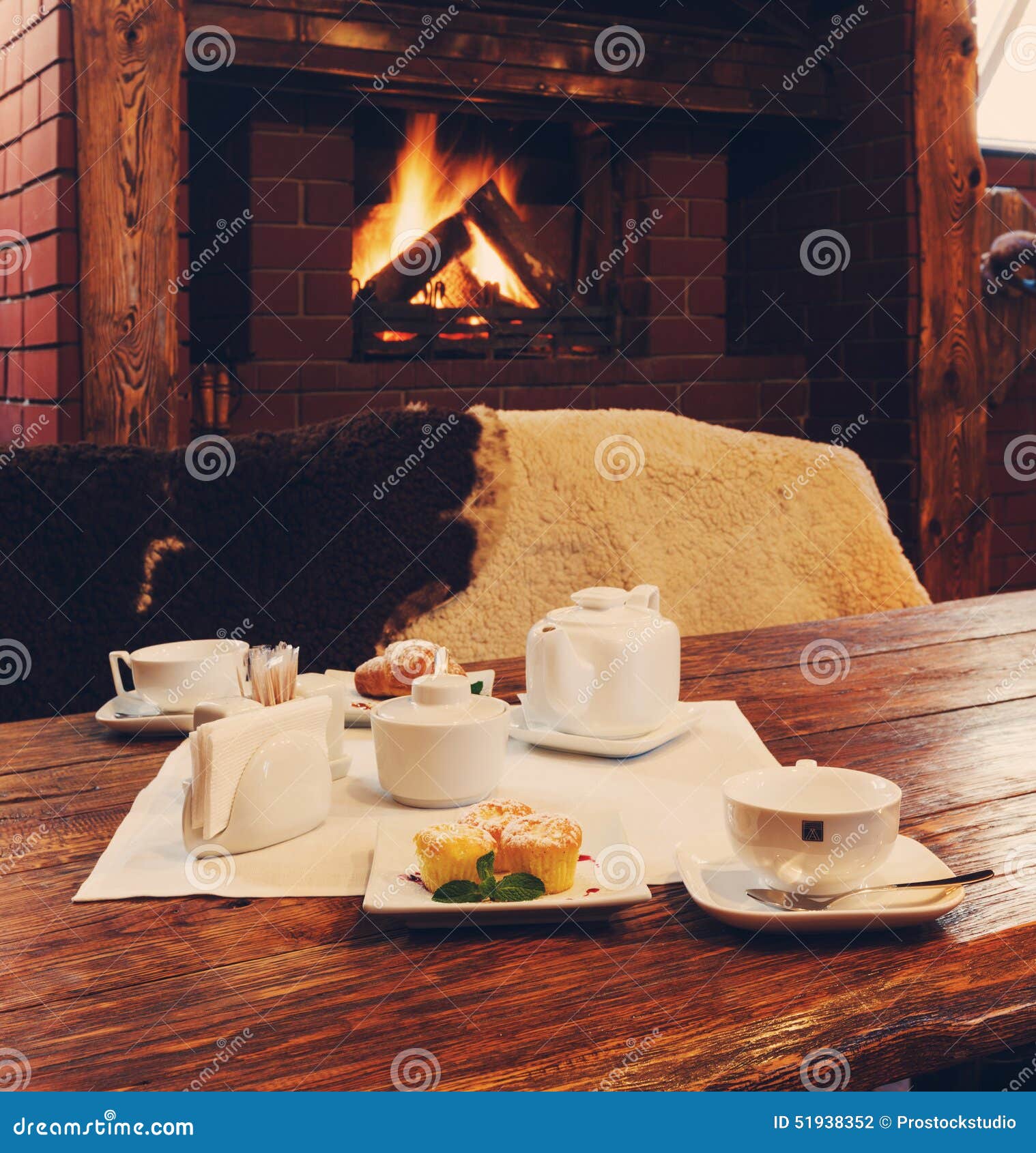 Romantic Breakfast for Two Near Fireplace Stock Photo - Image of ...